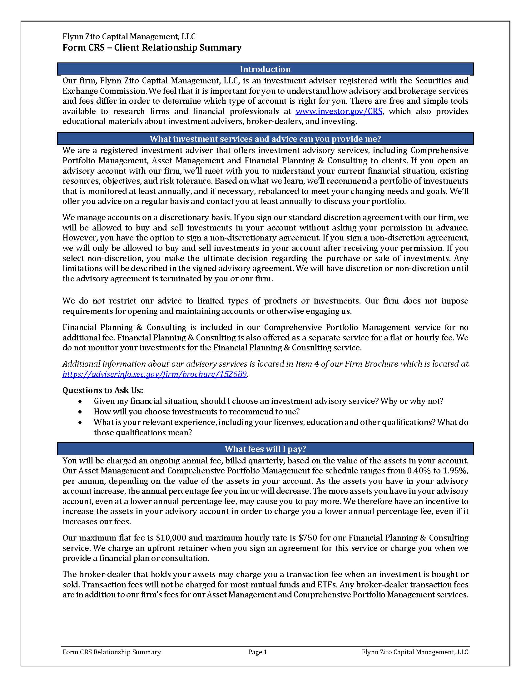 Form CRS Flynn Zito Capital Management